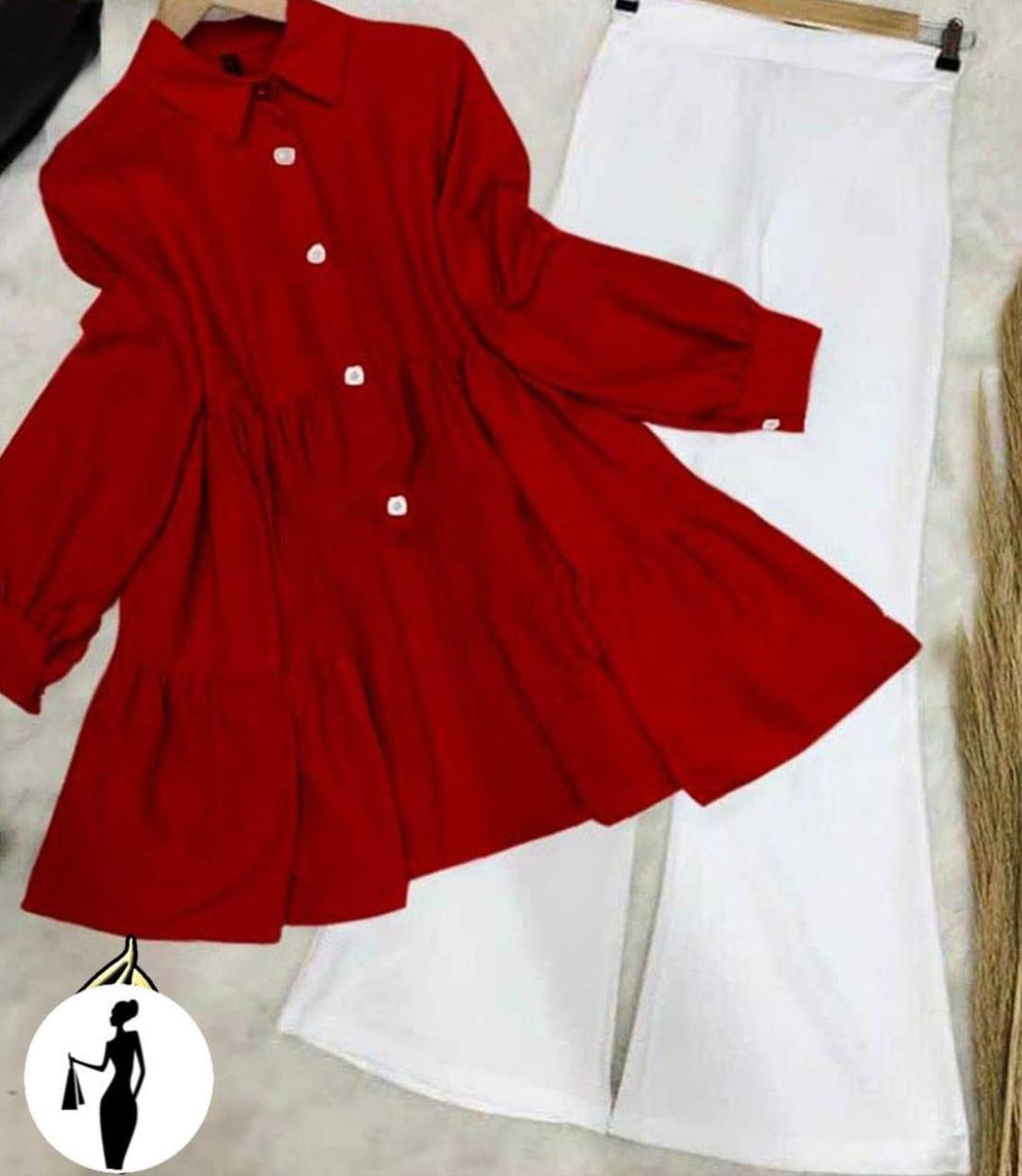 Red Linen Shirt & White Trousers Set for Women – My Store